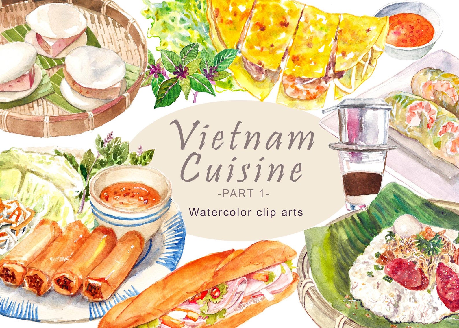 Vietnamese Food Watercolor Clip Arts Asian Cuisine Banh Mi Banh Xeo ...