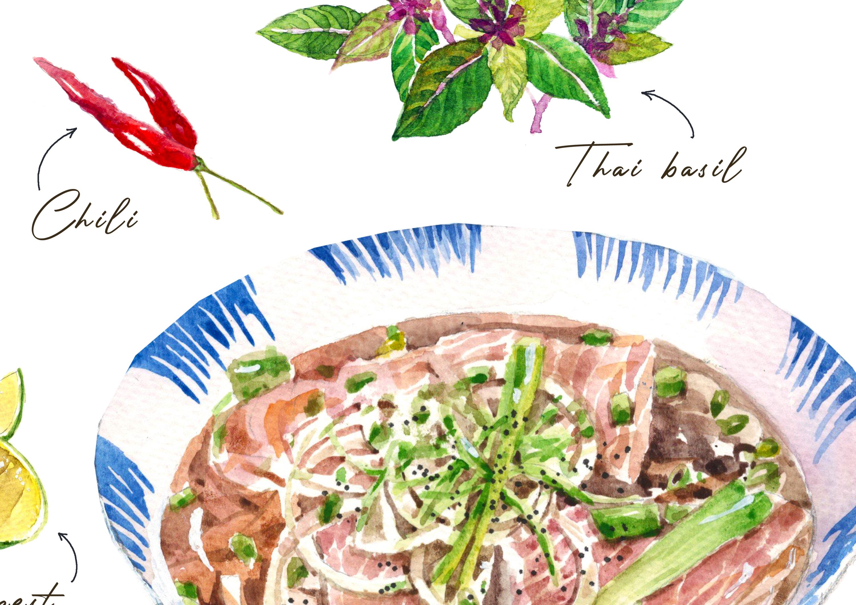 Vietnamese Phở Printable Poster Watercolor Hand-painted Kitchen Wall ...