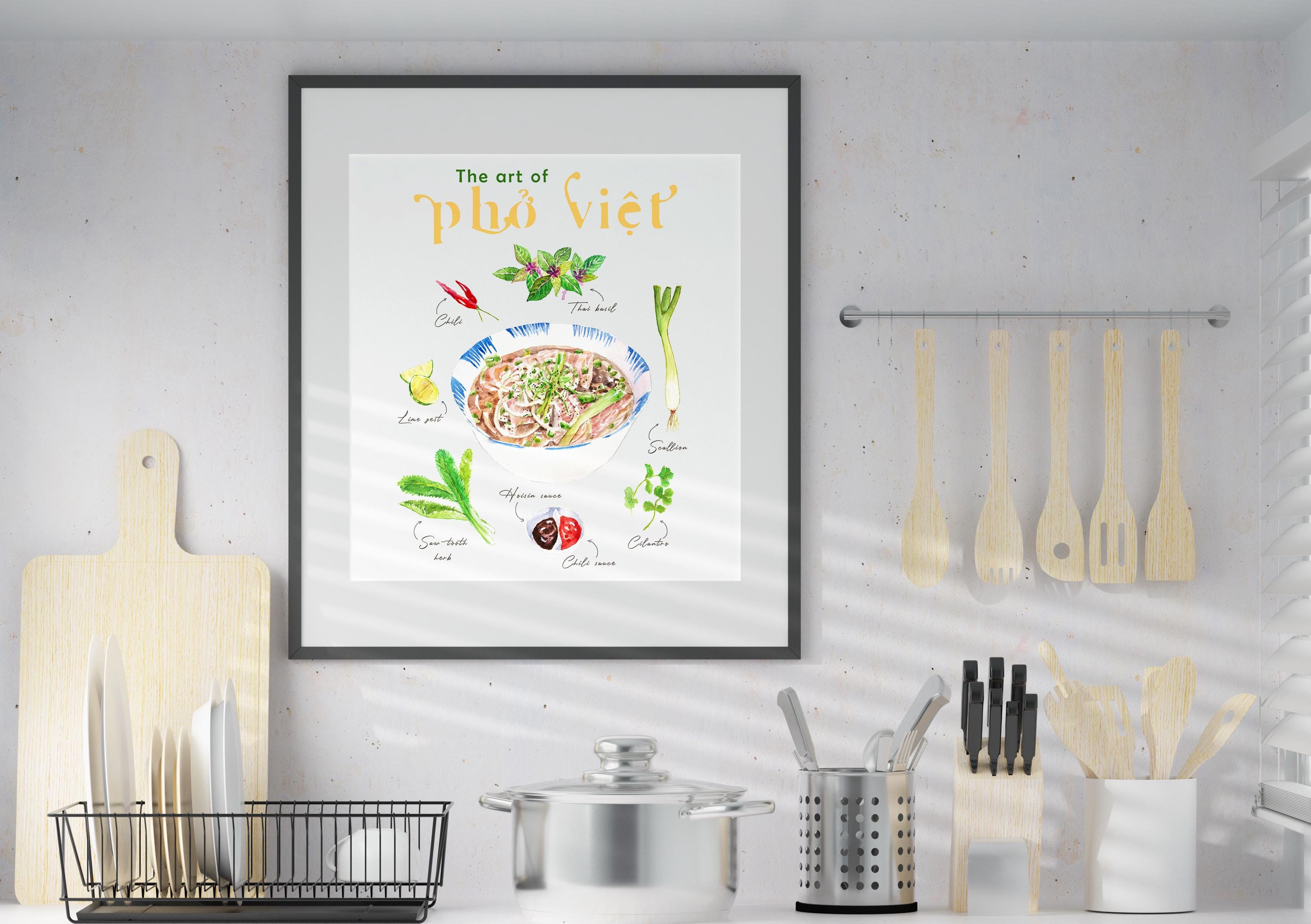 Vietnamese Phở Printable Poster Watercolor Hand-painted Kitchen Wall ...
