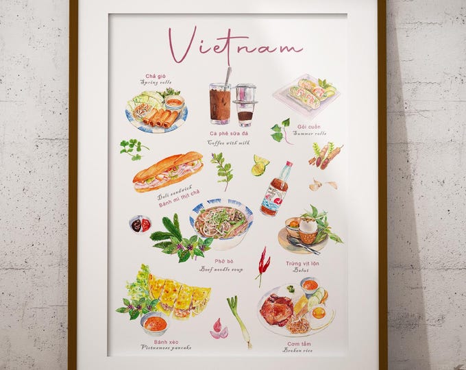 Vietnamese Food Wall Art Watercolor Printable Digital Asian Cuisine Pho ...