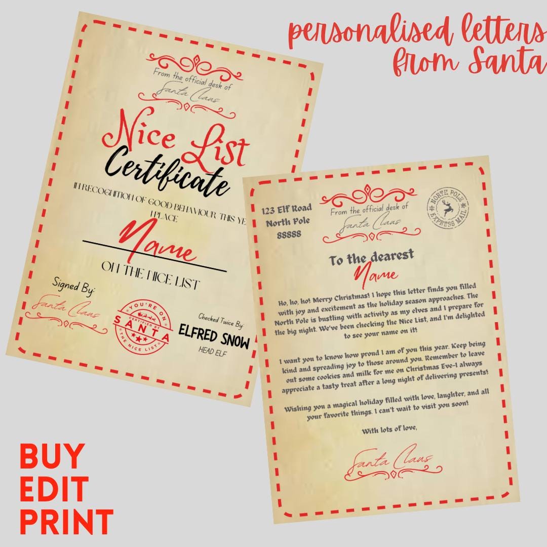 Canva, Santa Letter and Nice List Certificate, Personalised Letter From ...