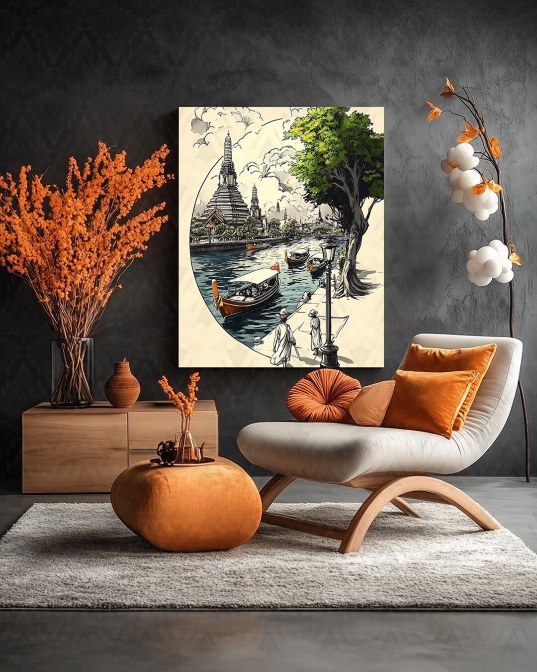 Thai Riverside Temple Art – Vintage Bangkok Wall Print, Sketch-style ...