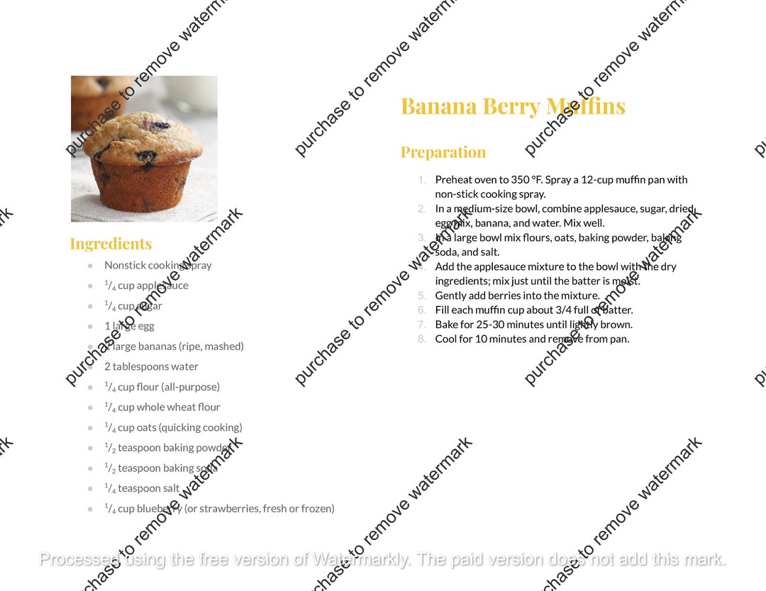 Recipe Card Printable Download File Banana Berry Muffins PDF - Etsy