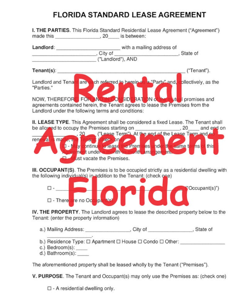 Rental Lease Agreement Florida Standard Form PDF 303.68 Kb - Etsy