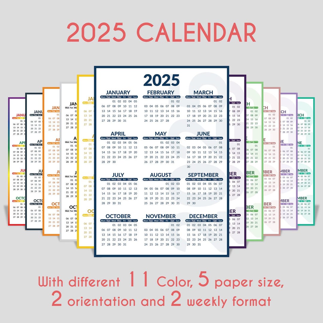 Printable 2025 Calendar, Yearly Planner, A4, A3, A2, Letter, Tabloid ...