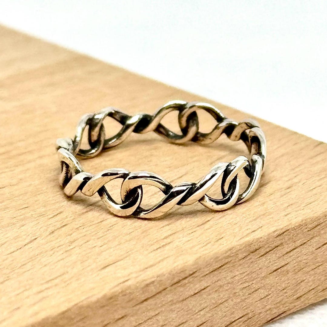 Sterling Silver 925 Twisted Chain Ring Jewelry • Connected Chain Link ...