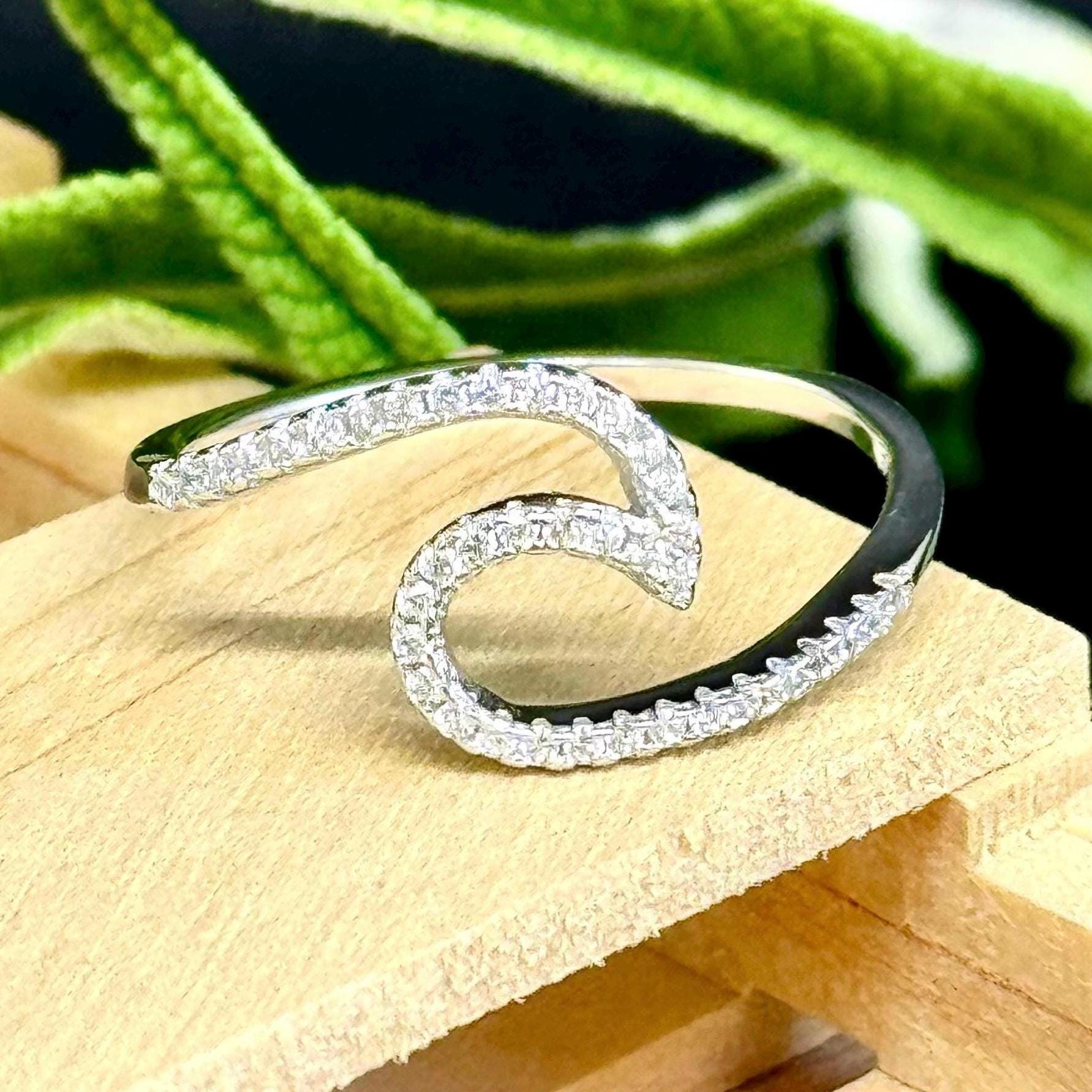 Sterling Silver 925 Wave Ring With Round Clear CZ Stones • Ocean Lover ...