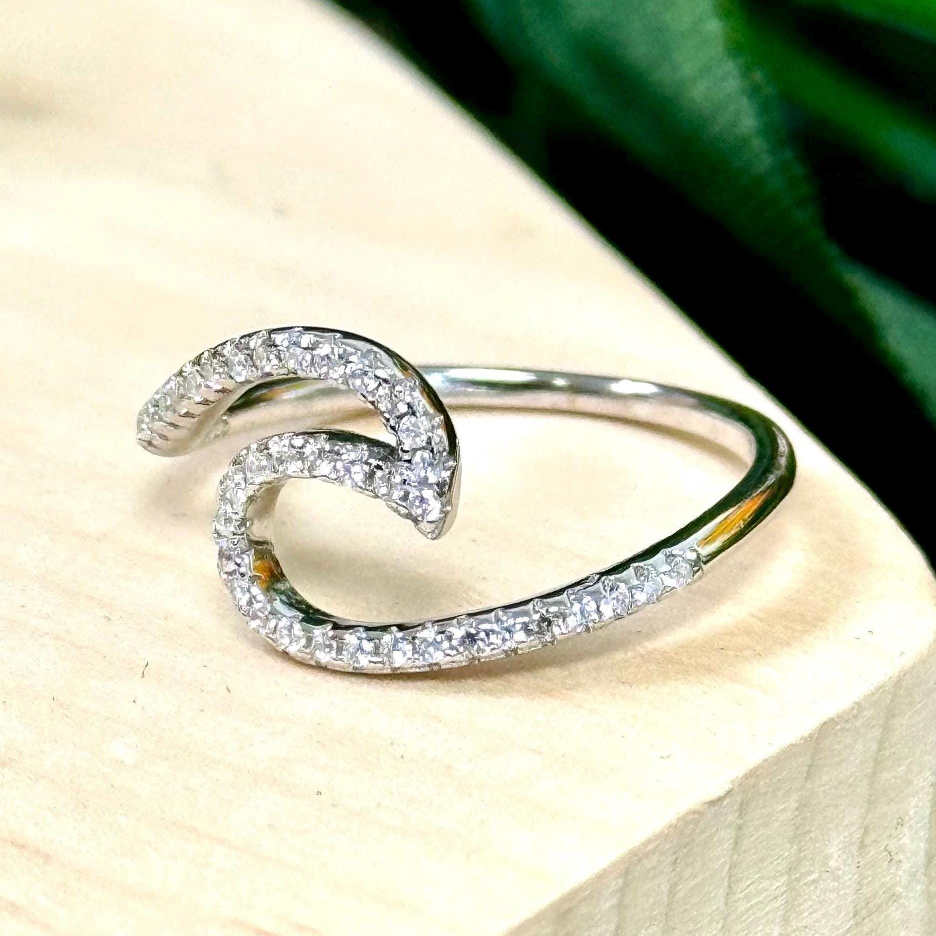 Sterling Silver 925 Wave Ring With Round Clear CZ Stones • Ocean Lover ...