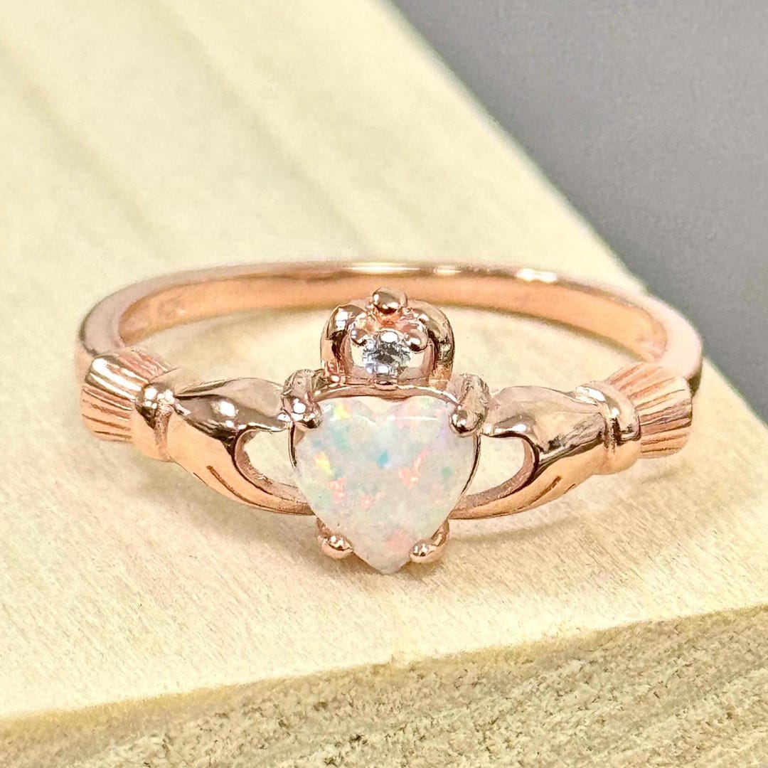 Sterling Silver 925 Claddagh Crown Heart Ring With Lab Opal and Clear ...