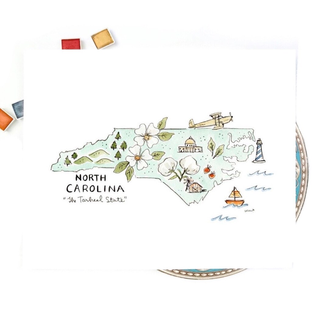 North Carolina State Shape, Landmarks, Gallery Wall Art, Watercolor ...
