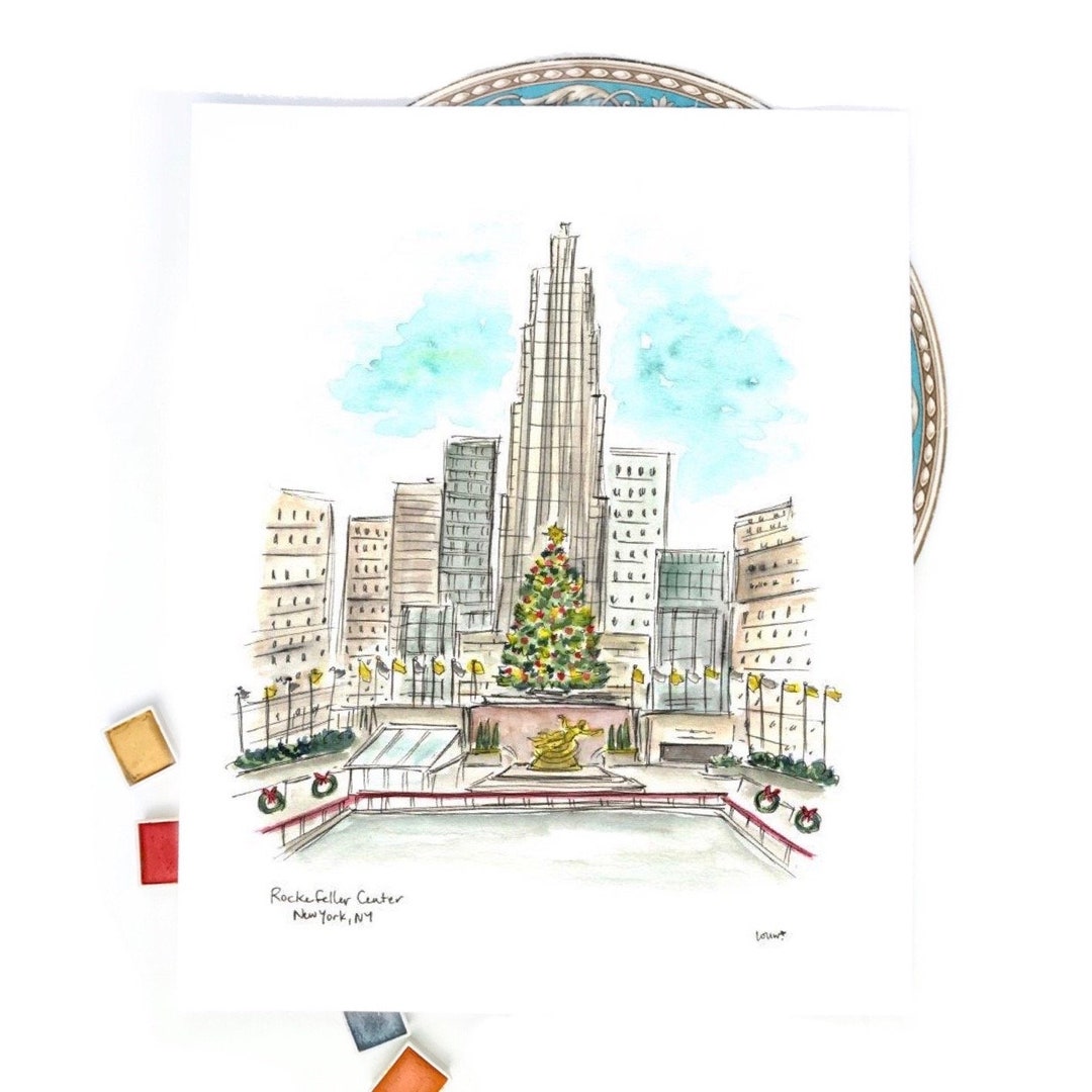 Rockefeller Christmas Tree Ice Skating, New York City Watercolor and ...