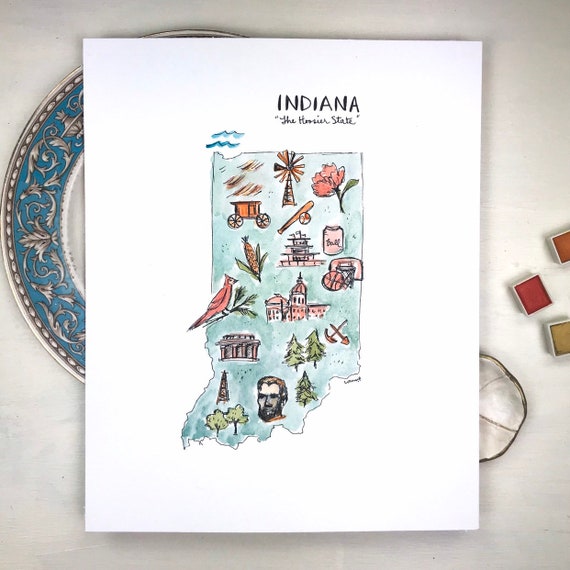 Indiana State Map Personalized IN map Illustrated Features | Etsy