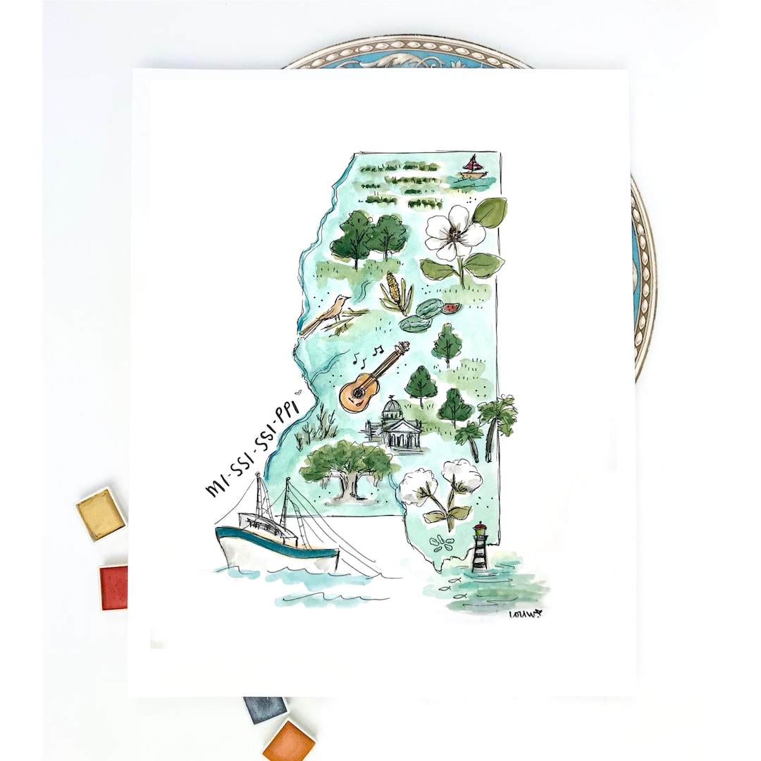 Mississippi Gallery Wall Art, State Shape Art, Watercolor, Colored ...