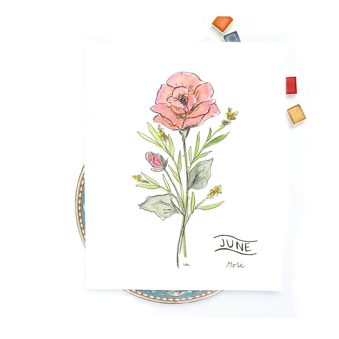 Personalized Birth Flower Print. June Rose. Watercolor and Ink ...