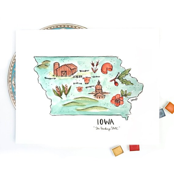 Iowa State Art Print Hand Drawn Personalized State Features | Etsy