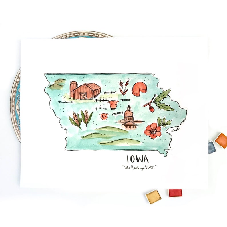 Iowa State Art Print Hand Drawn Personalized State Features | Etsy