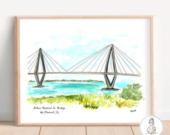 Blue Charleston Watercolor Print Arthur Ravenel Jr. Bridge Poster ...