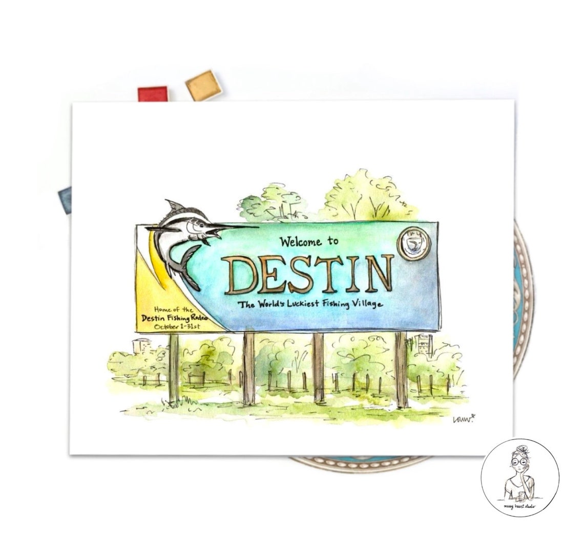 Destin, Florida Watercolor and Ink Illustration, Personalized Gallery ...