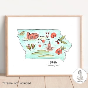 Iowa State Map With Landmark Features. Watercolor & Ink, Personalized ...