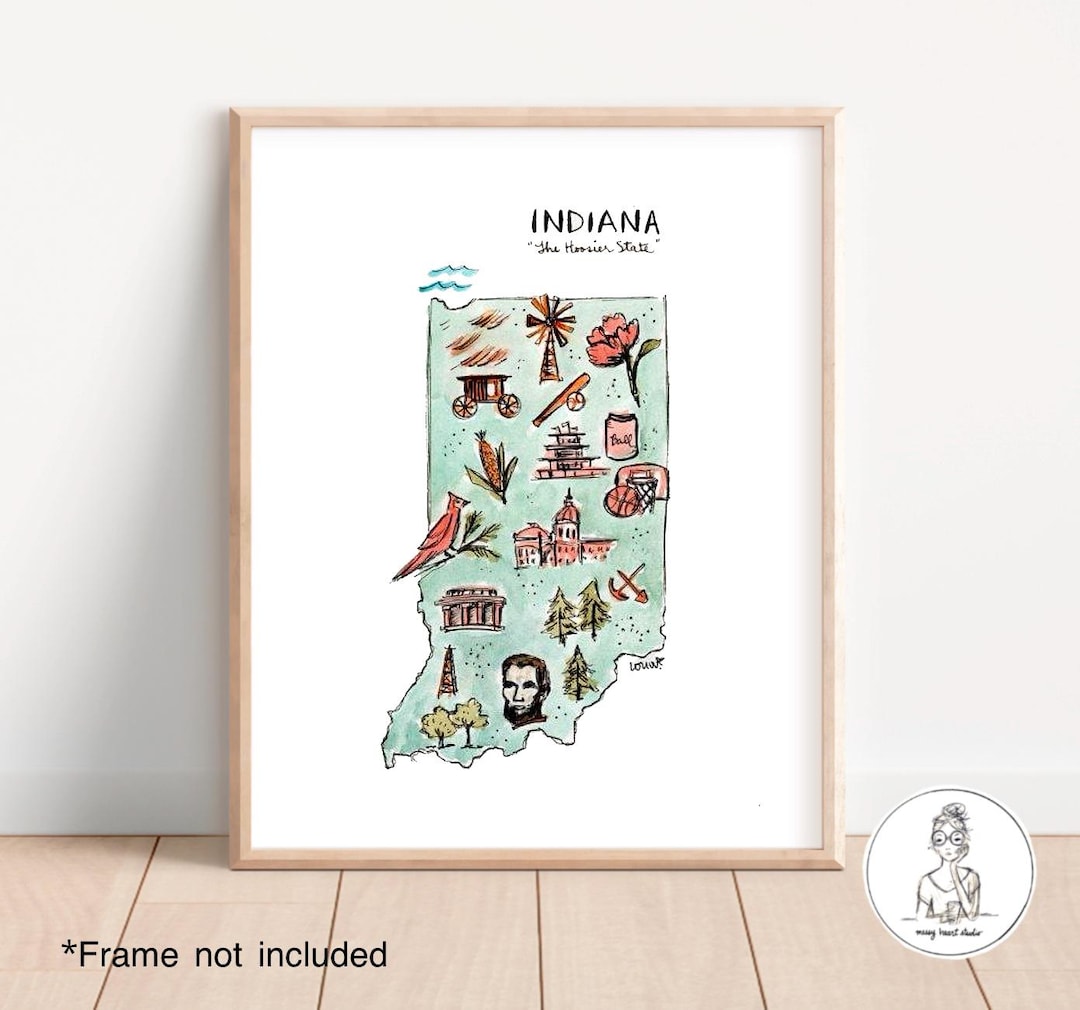Indiana State Map, Personalized With Your Town, Hoosier State Landmark ...