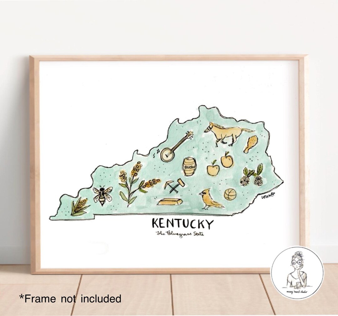Kentucky State Map With Landmark Features, Gallery Wall Art, Watercolor ...