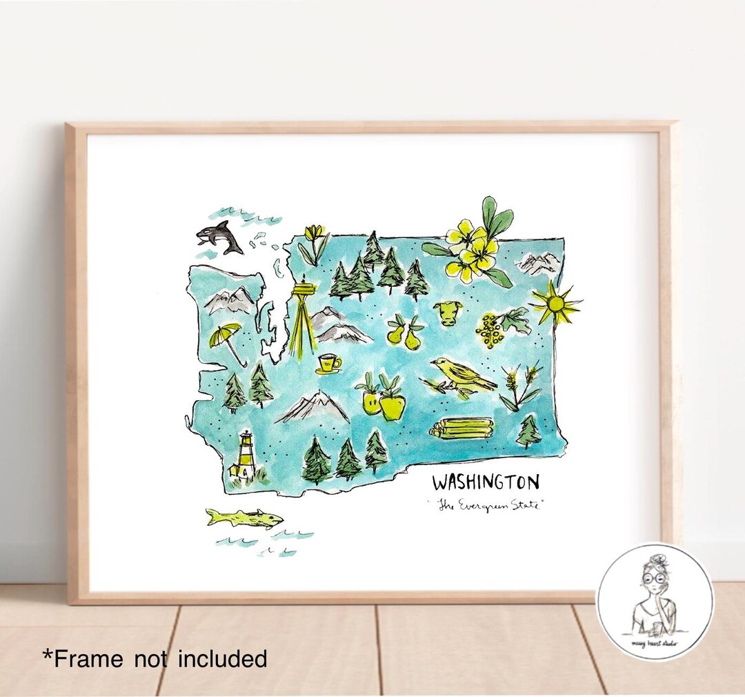 Washington State Art Print, Personalized State Features, Favorite Town ...