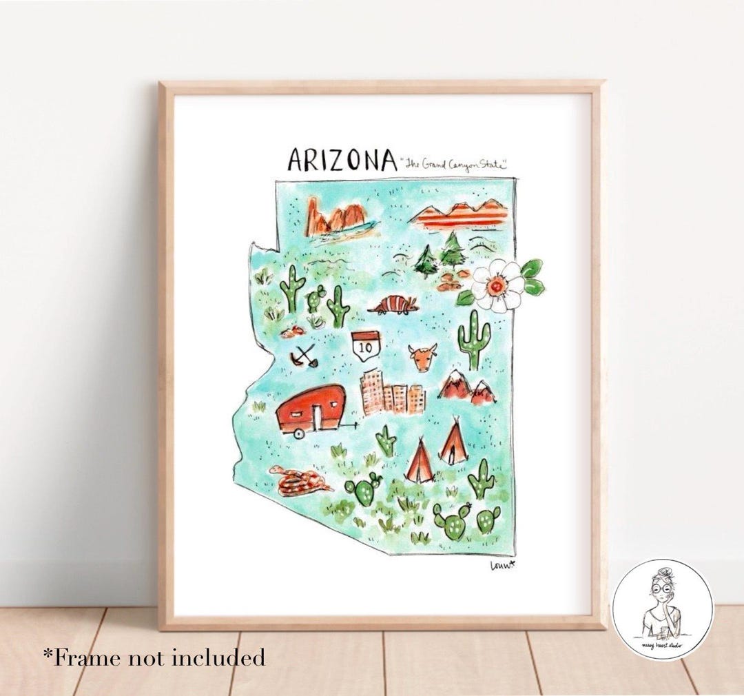 Arizona State Art Print, Map With Landmark Features, Personalized With ...