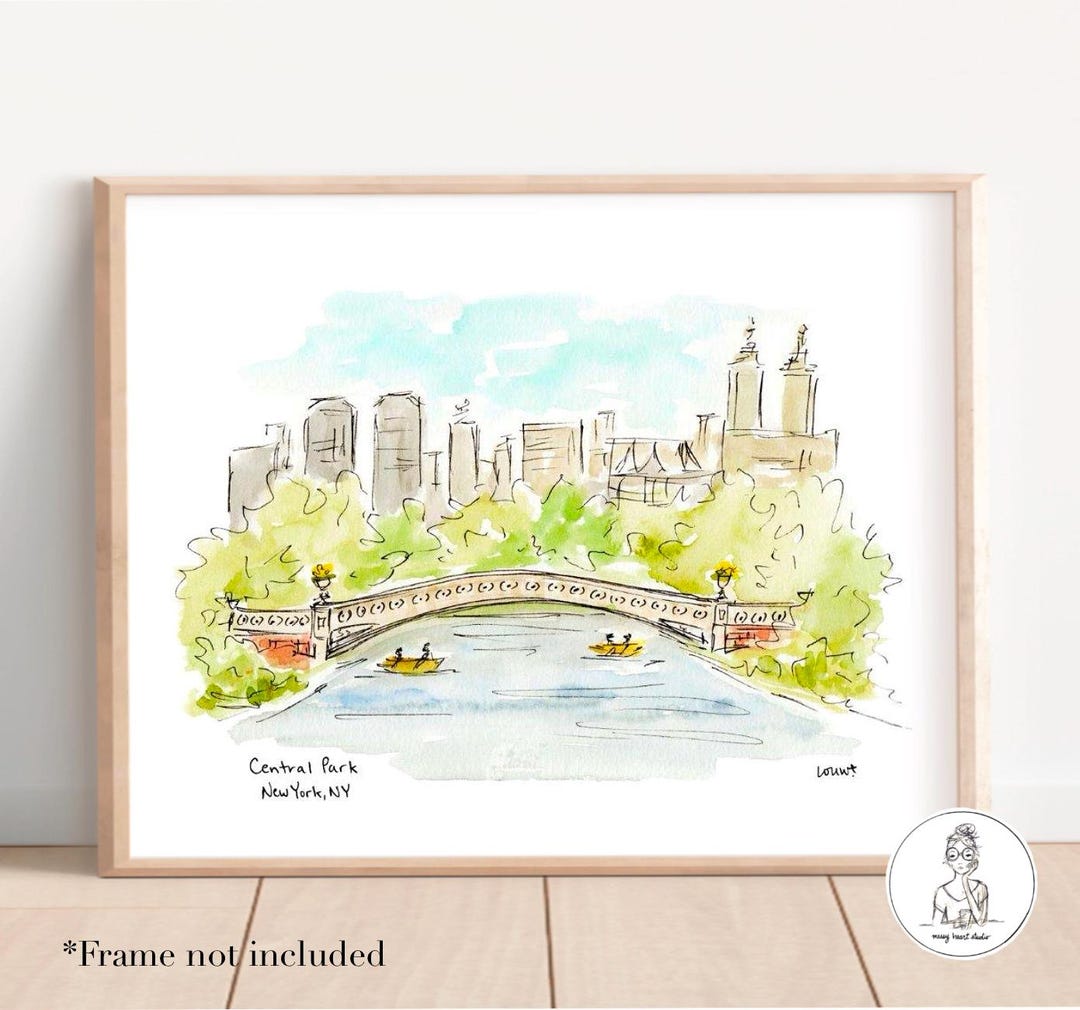 Central Park Bow Bridge, New York, Watercolor and Ink Illustration, NYC ...