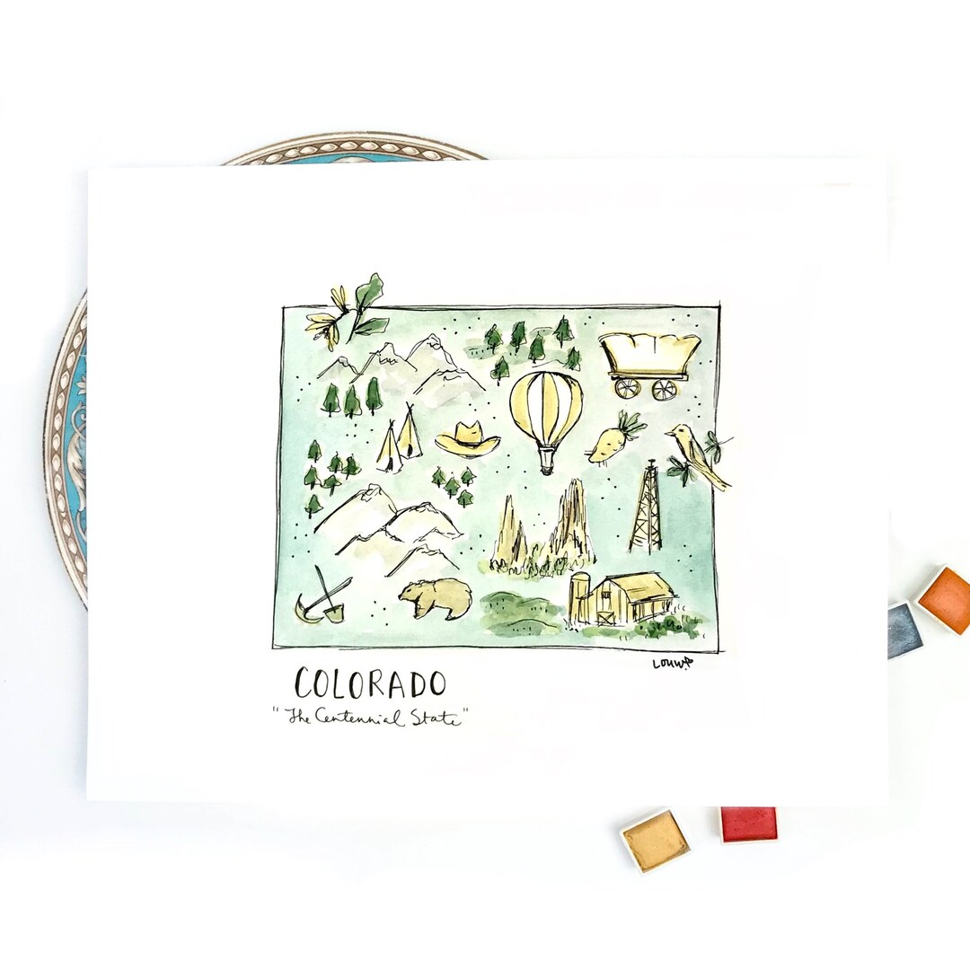 Colorado State Art Print, Hand Drawn Personalized State Features ...