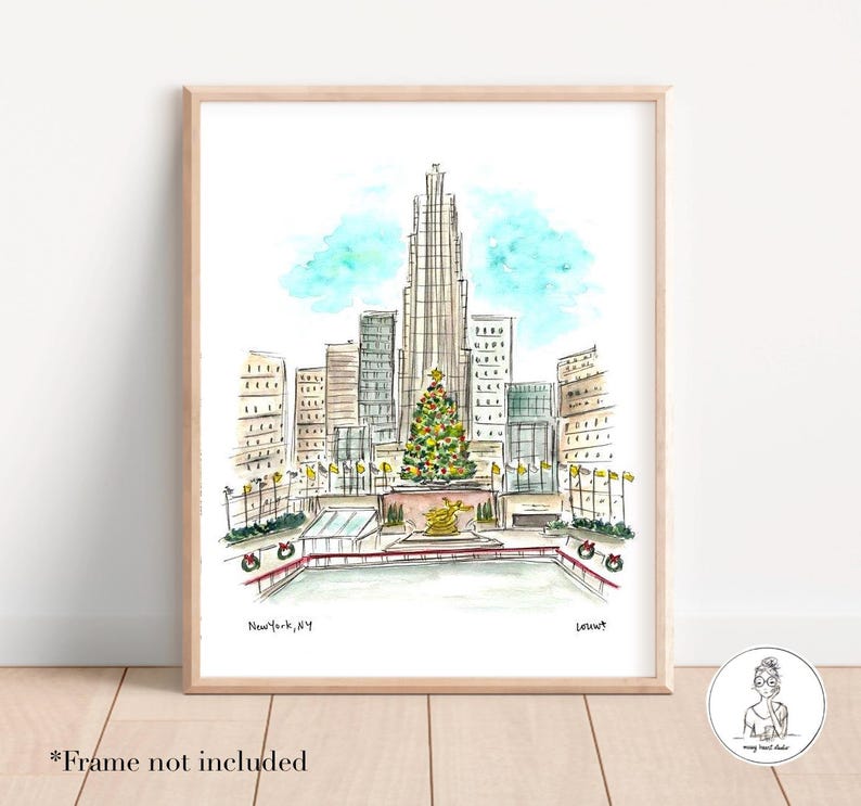 Rockefeller Christmas Tree Ice Skating, New York City Watercolor and ...