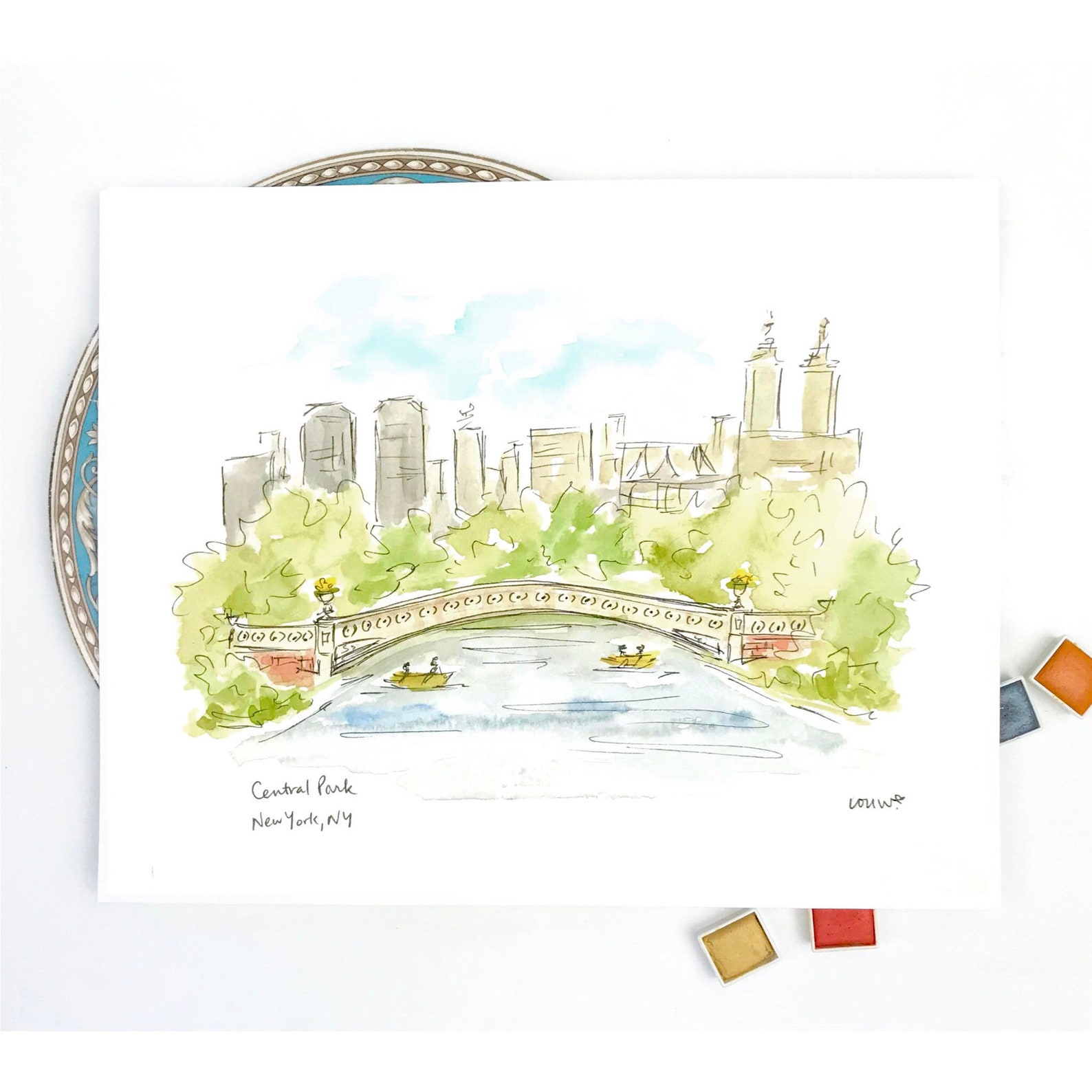 Central Park Bow Bridge New York Watercolor and Ink Art Print - Etsy