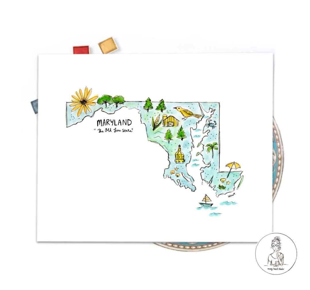 Maryland State Art Print, Personalized State Features, Favorite Town ...
