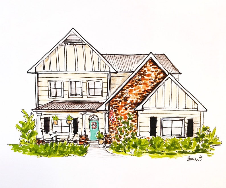 HOUSE ILLUSTRATION hand drawn home portrait art watercolor | Etsy