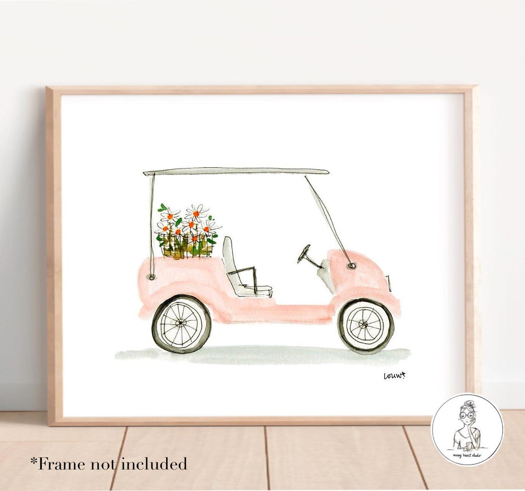 Pink Golf Cart With Flowers, Golf Cart Life, Watercolor and Ink, Friend ...