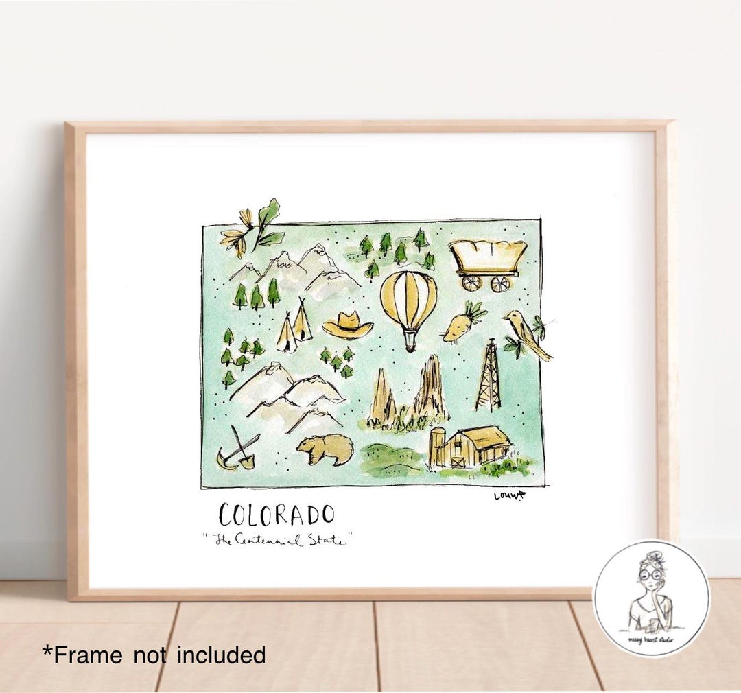 Colorado State Map With Landmark Features. Watercolor & Ink ...