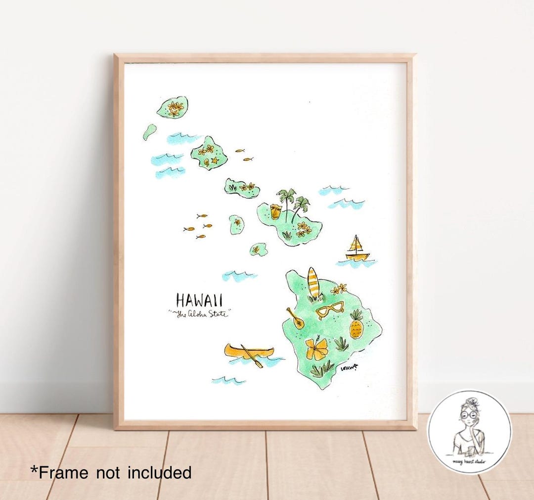 Hawaii Illustrated State Map, Personalized Hawaiian Map, Illustrated ...