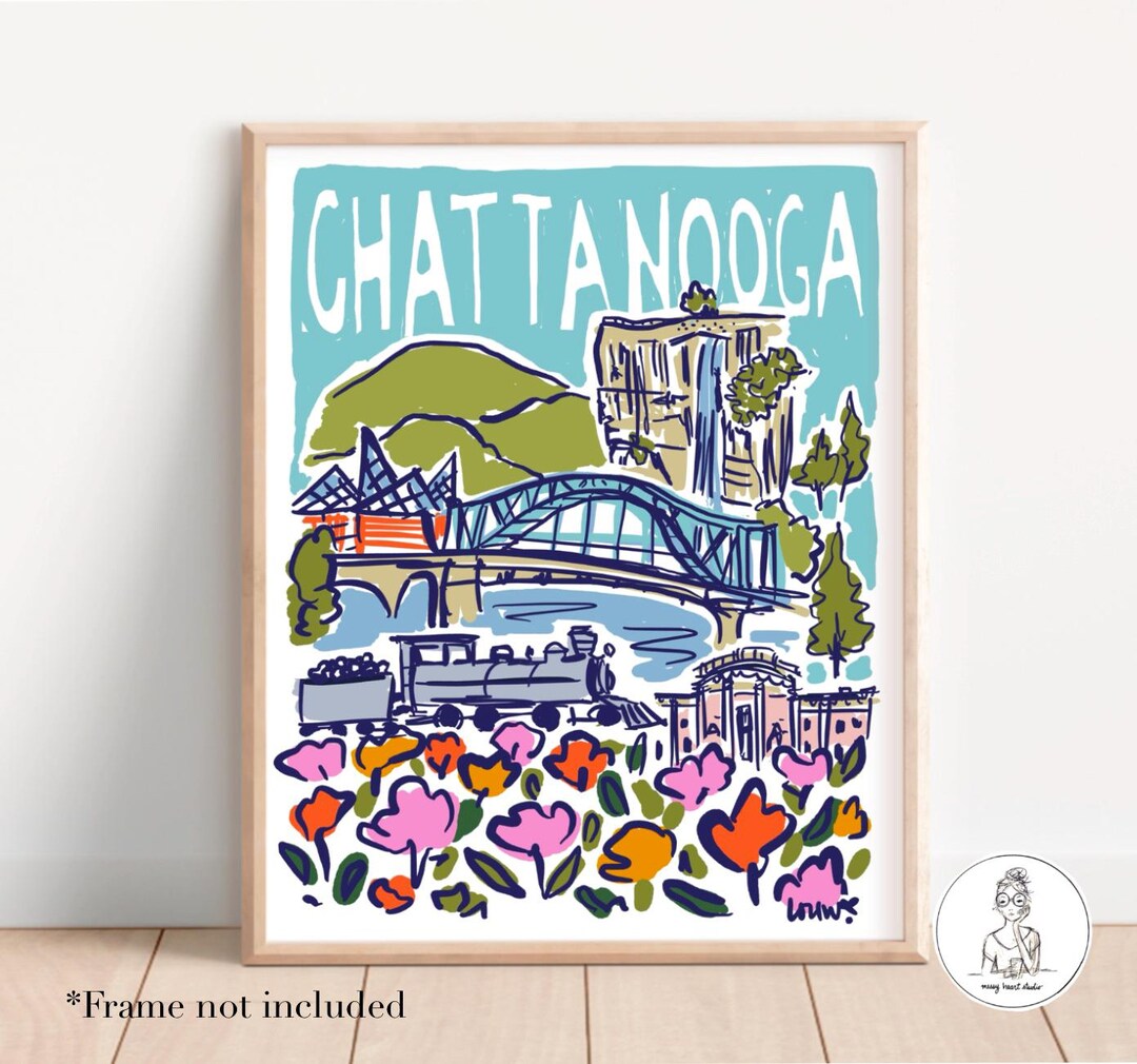 Chattanooga Art Print, Tennessee Riverfront, Walnut Street Bridge ...