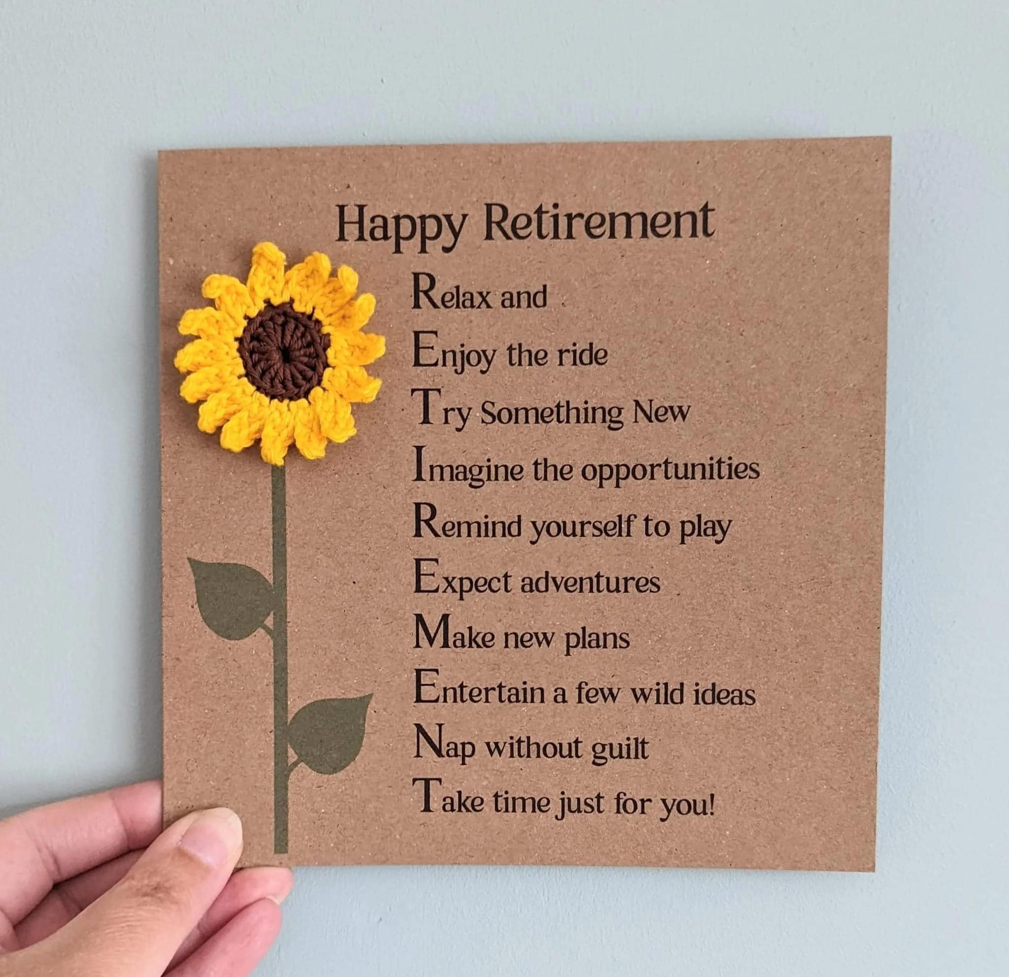 Handmade Personalized Retirement Card, Crochet Card, Sunflower, Cotton ...
