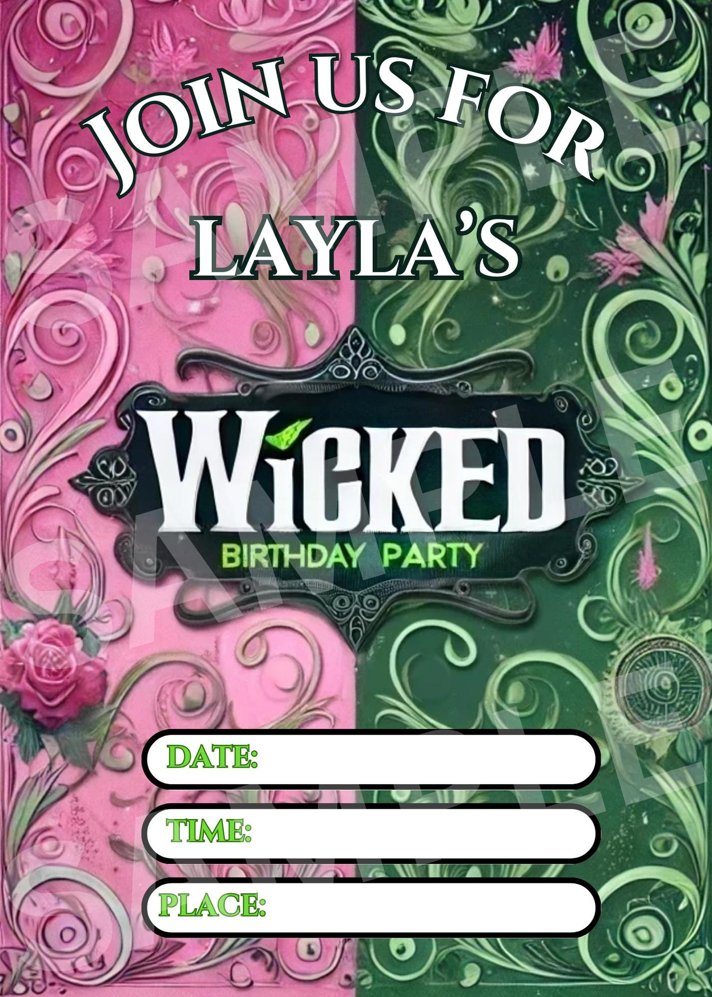 Wicked Birthday Invitation Template, Personalized Pink and Green ...
