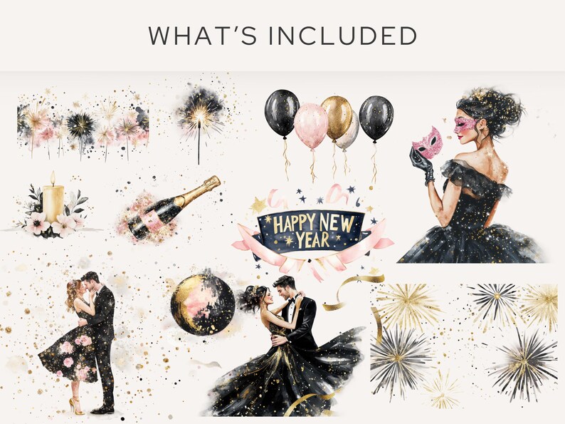 Happy New Year Clipart Black and Gold 2025, Black Pink Gold Festive PNG ...