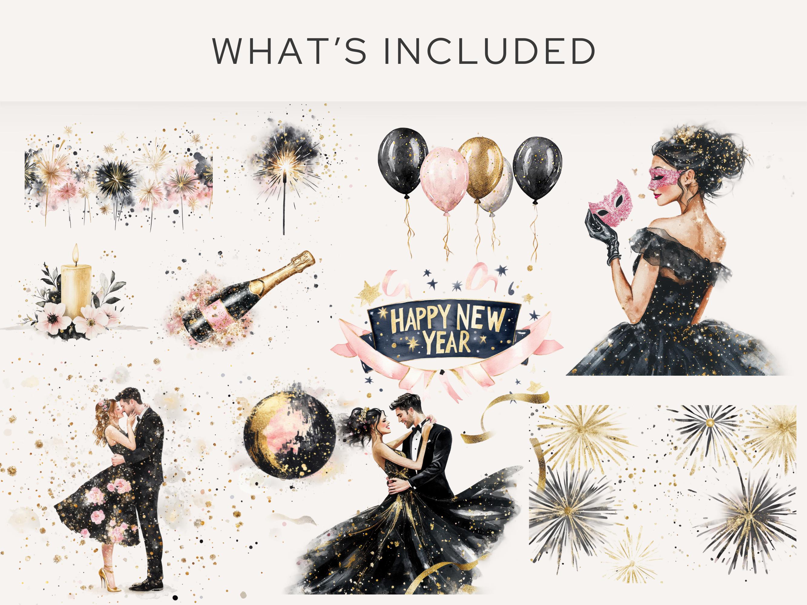 Happy New Year Clipart Black and Gold 2025, Black Pink Gold Festive PNG ...
