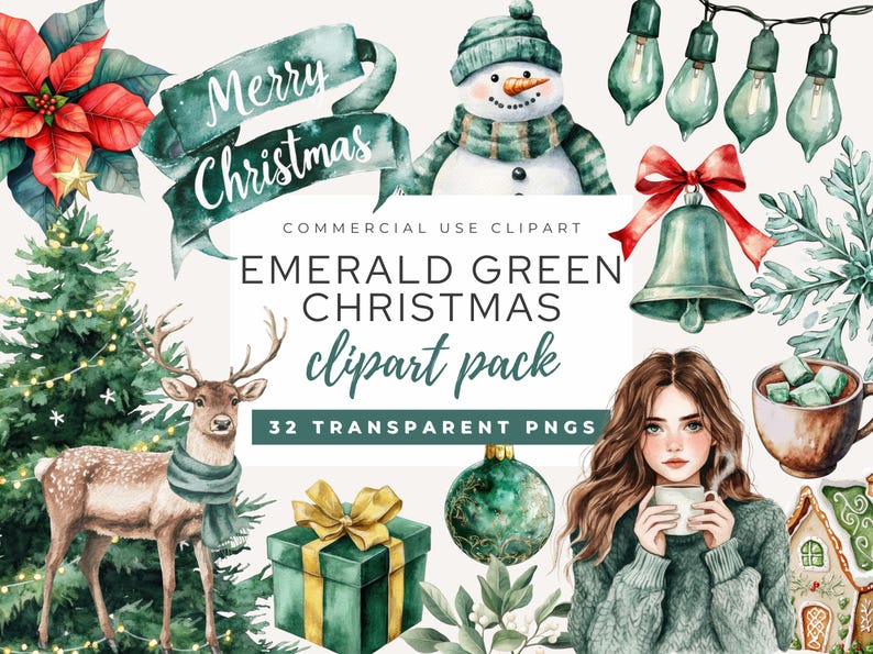 Emerald Green Christmas Clipart Pack, Watercolor Emerald Winter Clipart ...