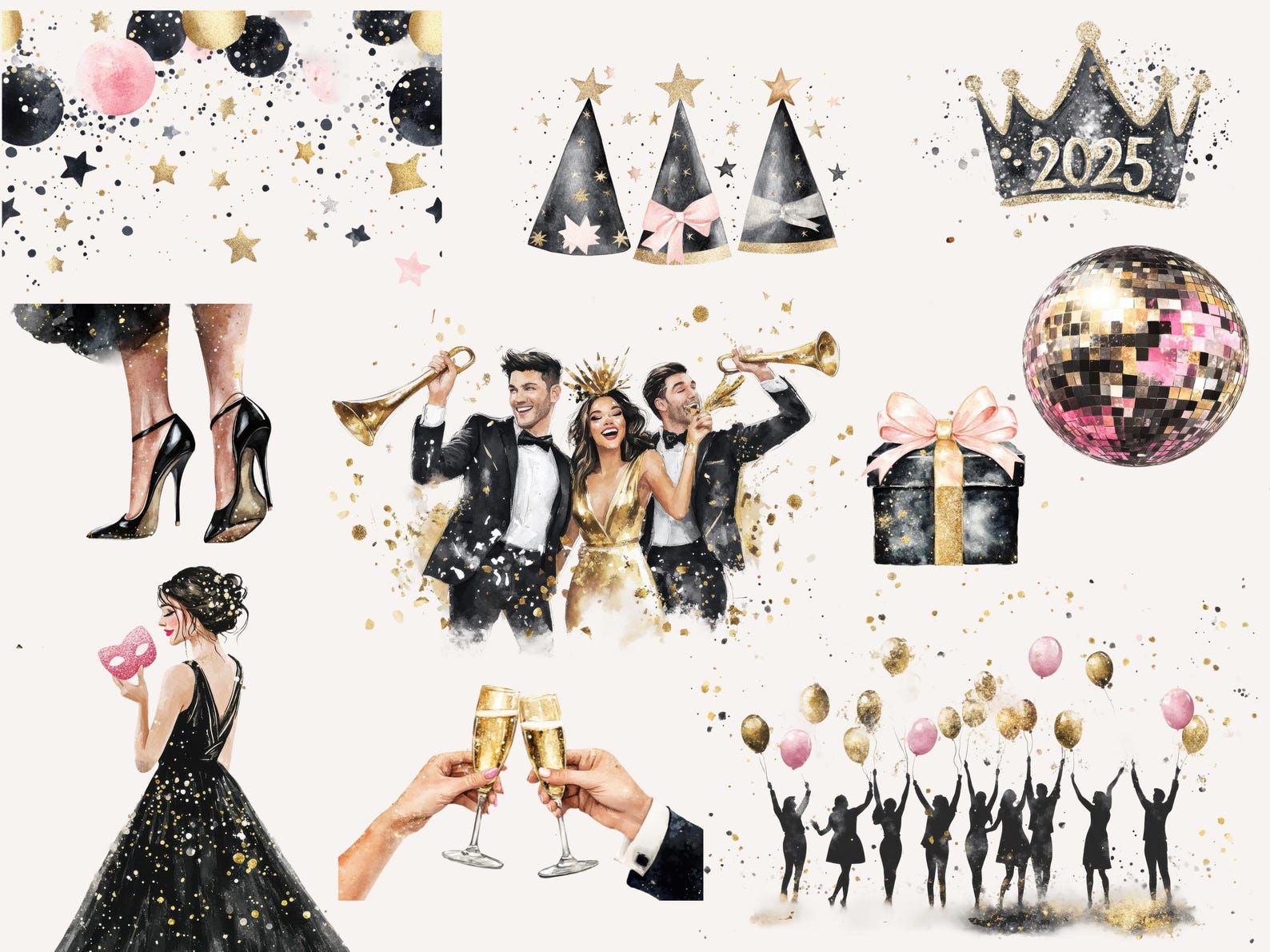 Happy New Year Clipart Black and Gold 2025, Black Pink Gold Festive PNG ...