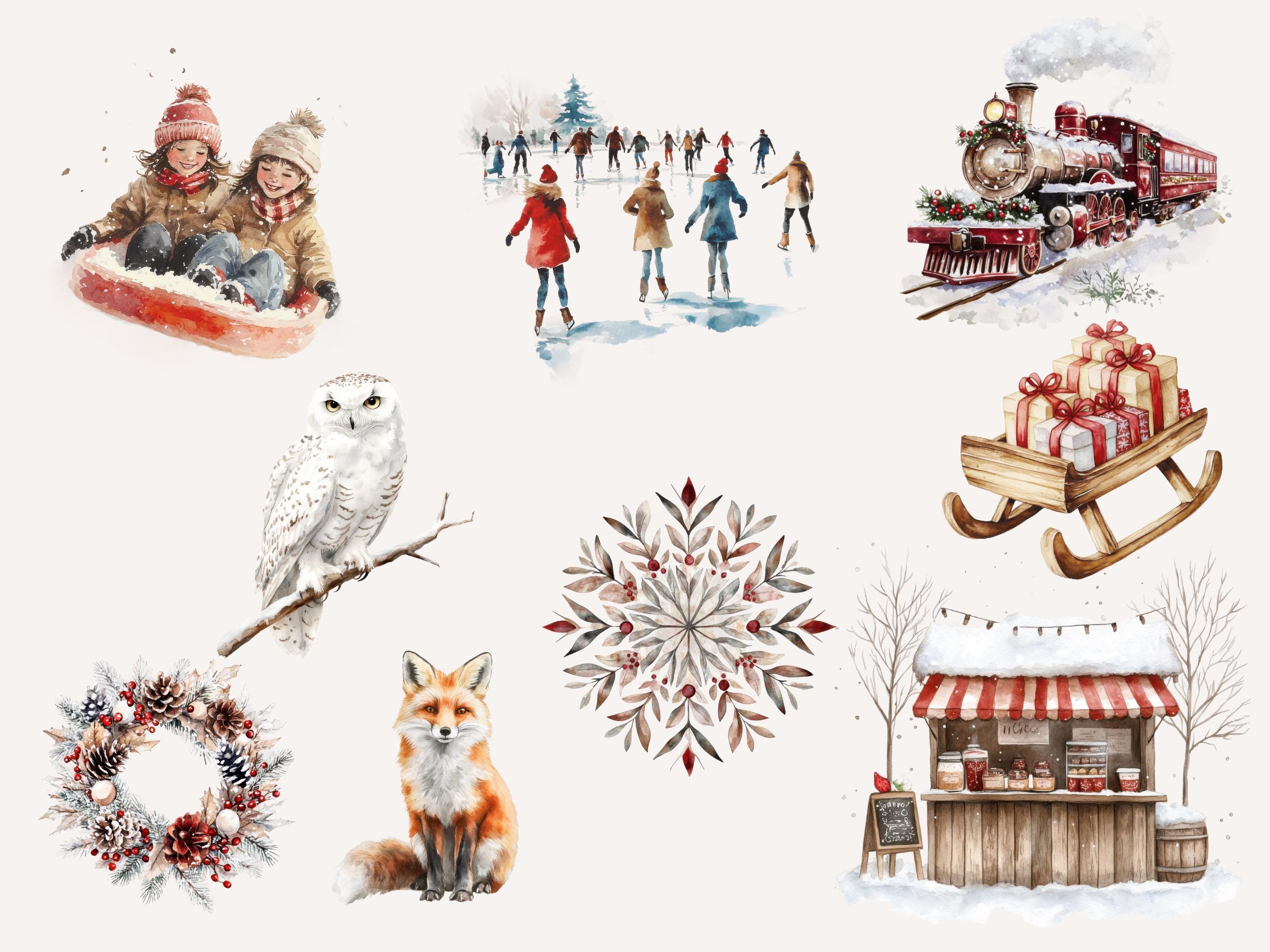 Winter Wonderland Clipart Pack, Watercolor Christmas Clipart, Christmas ...