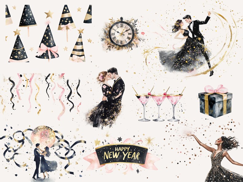 Happy New Year Clipart Black and Gold 2025, Black Pink Gold Festive PNG ...