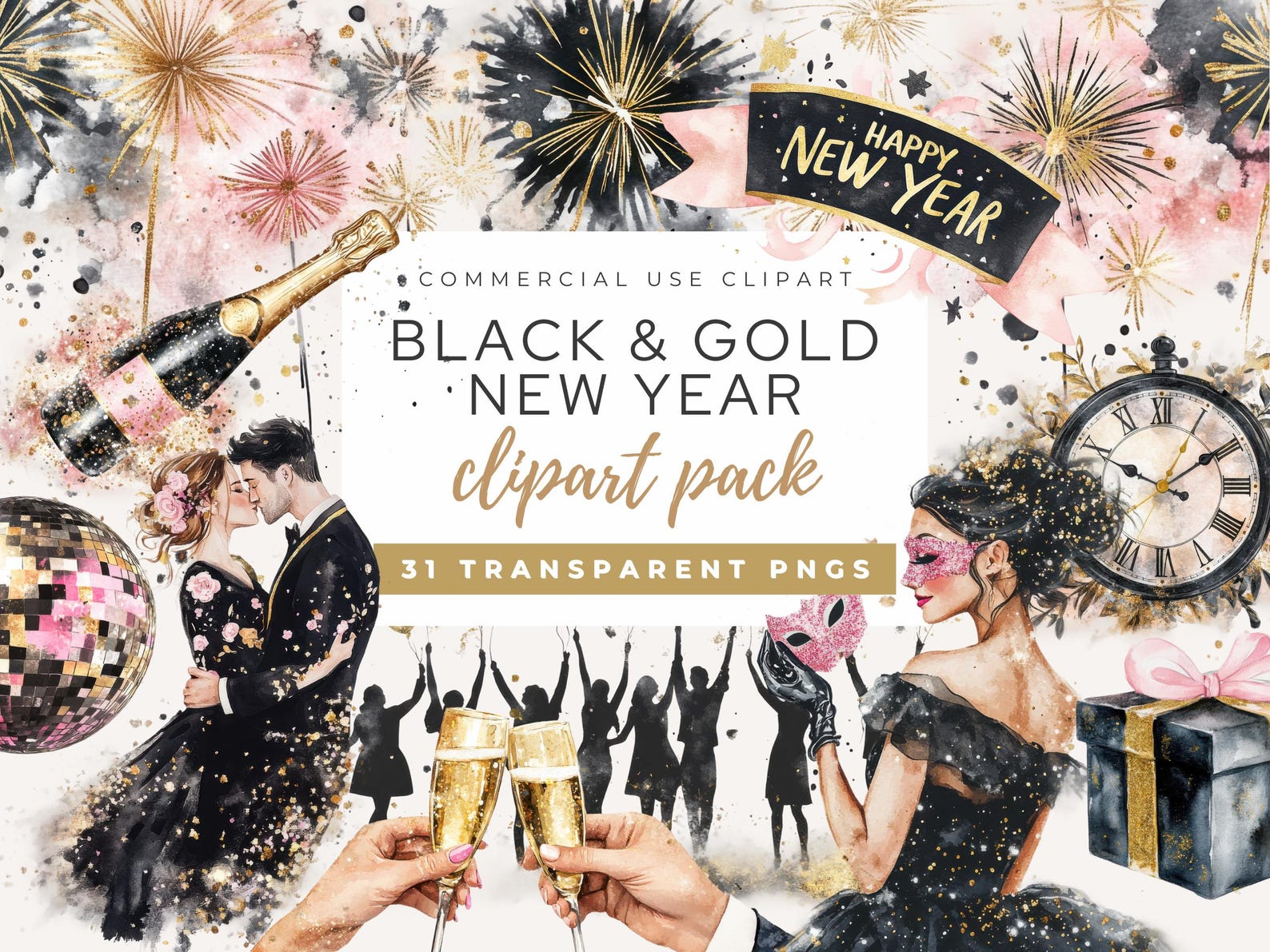 Happy New Year Clipart Black and Gold 2025, Black Pink Gold Festive PNG ...