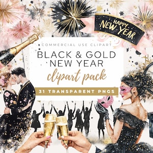 Happy New Year Clipart Black and Gold 2025, Black Pink Gold Festive PNG ...