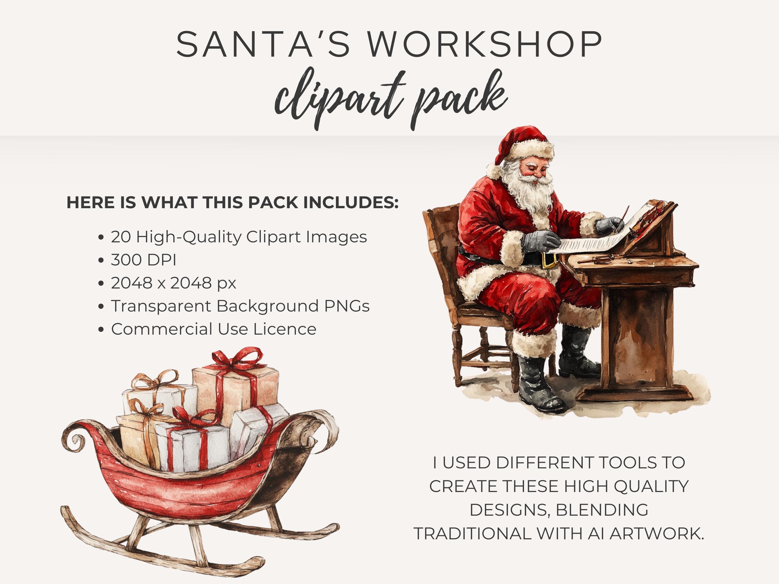 Santa's Workshop Clipart, Watercolor Christmas Clipart Bundle ...
