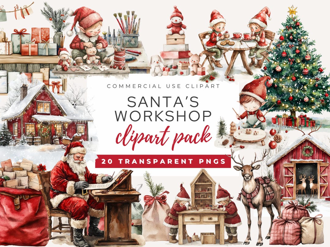 Santa's Workshop Clipart, Watercolor Christmas Clipart Bundle ...