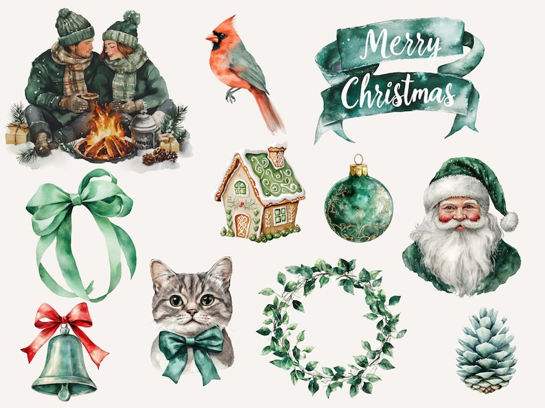 Emerald Green Christmas Clipart Pack, Watercolor Emerald Winter Clipart ...